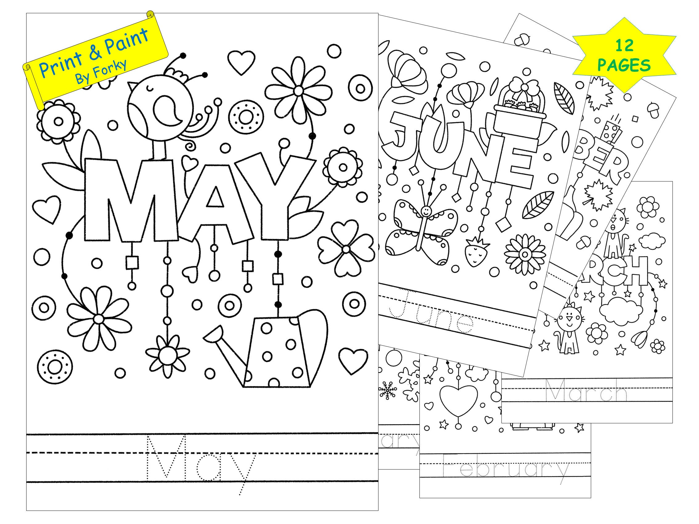12 Pages Printable 12 Months Colouring Pages, Digital Coloring ...