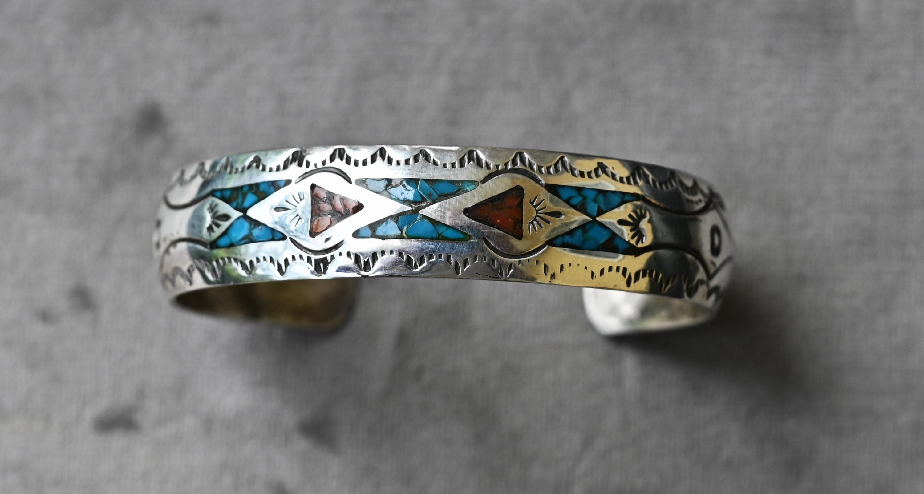 Navajo Cuff by Henry Baca Sterling Silver, Turquoise & Red Coral Inlay ...