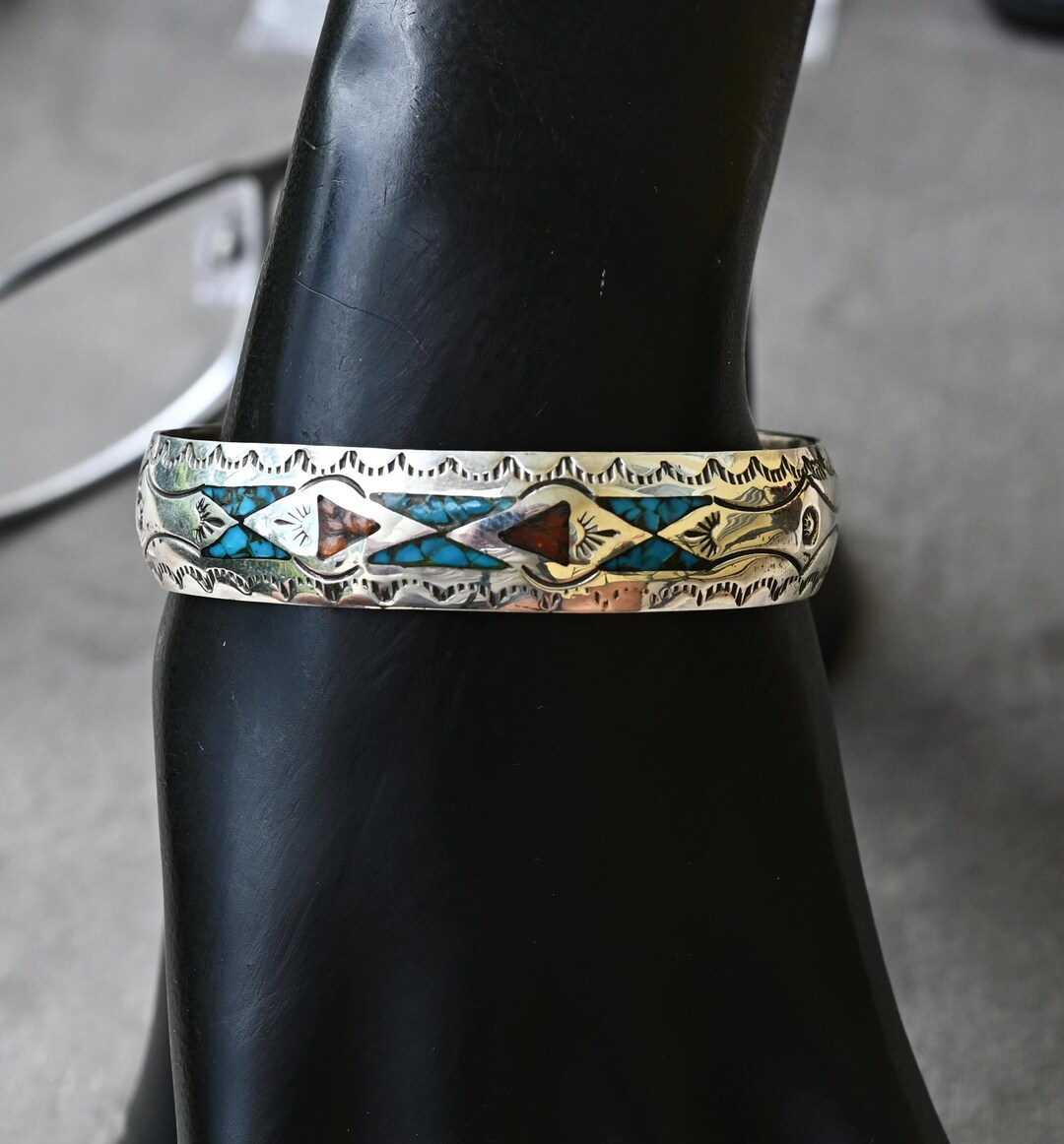 Navajo Cuff by Henry Baca Sterling Silver, Turquoise & Red Coral Inlay ...
