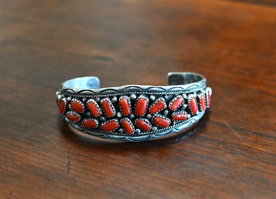Vintage Zuni Red Coral & Sterling Silver Zuni Cuff 6 1/2 Wearable ...