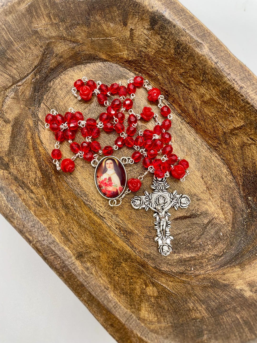 Handmade Catholic Red Czech Crystal and Rose Saint Therese of Lisieux ...