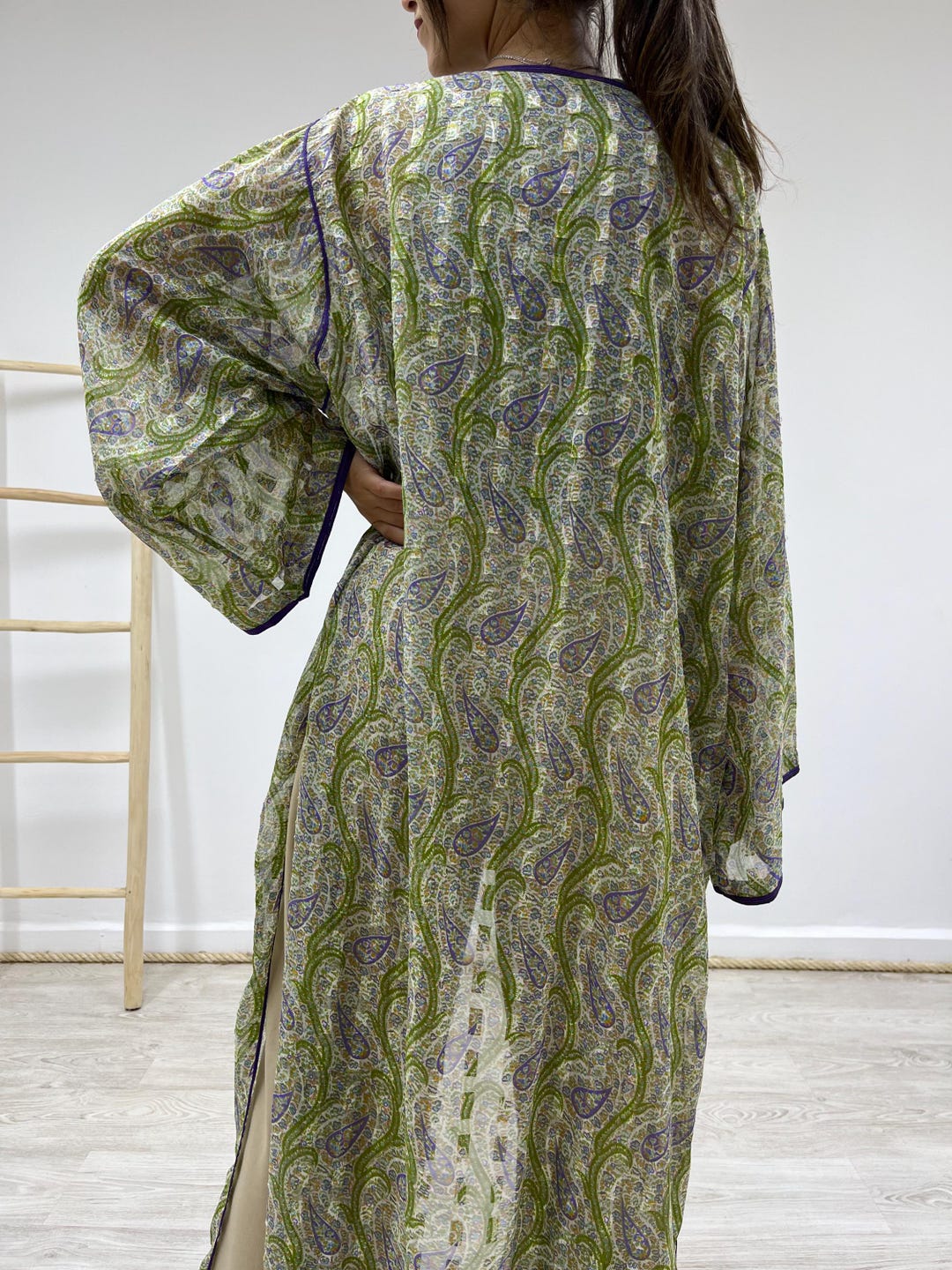 Exquisite Moroccan Open Kaftan - Green & Purple Paisley Kimono in Sheer ...