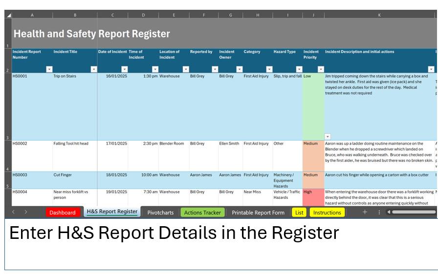 Health and Safety Incident Register in Excel | Manage H&S Reports and ...