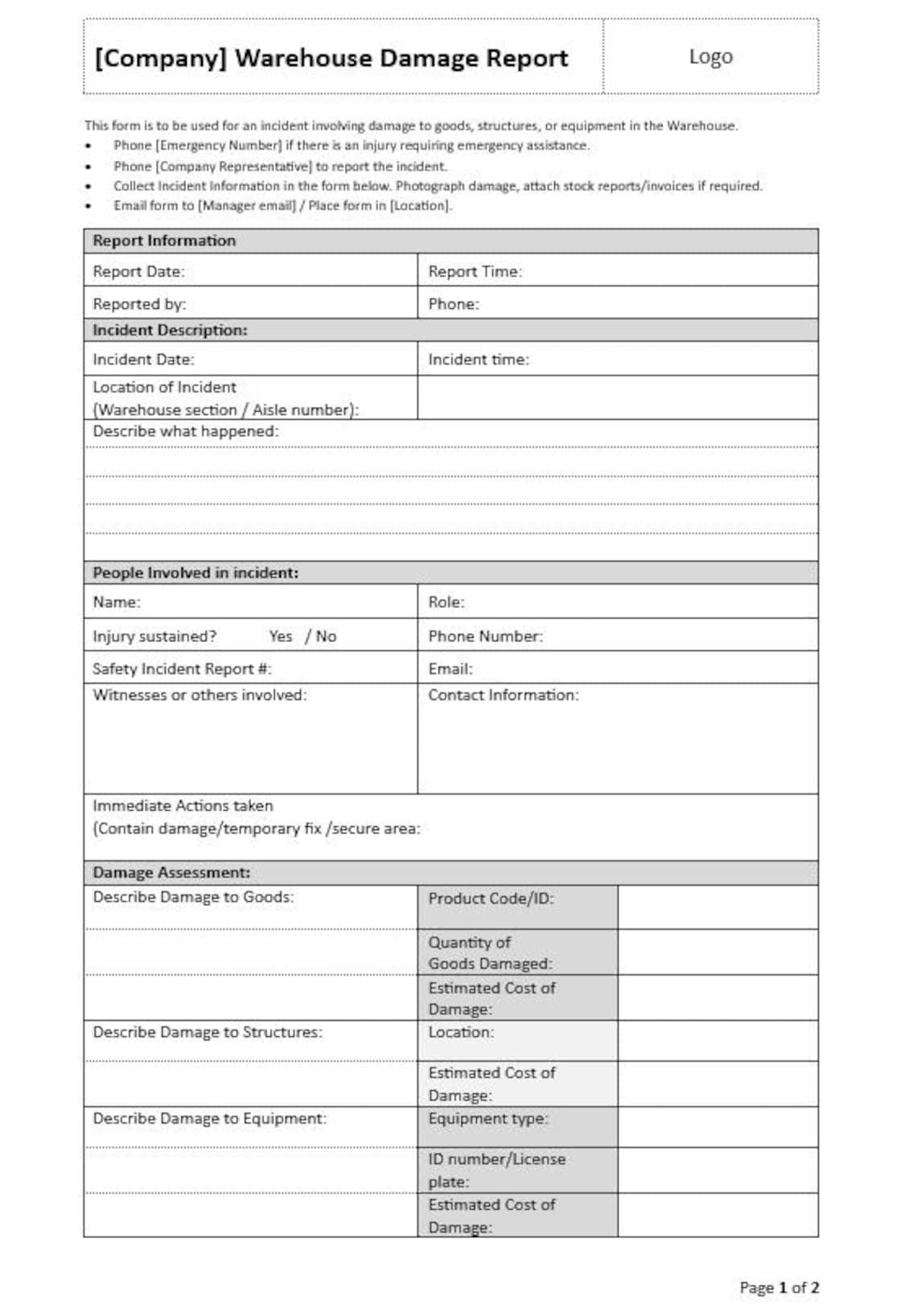 Warehouse Damage Report Form | Incident Report and Investigation | Word ...