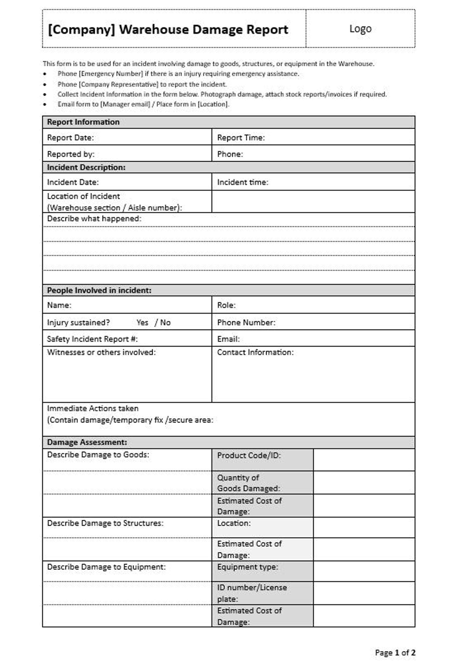 Warehouse Damage Report Form | Incident Report and Investigation | Word ...