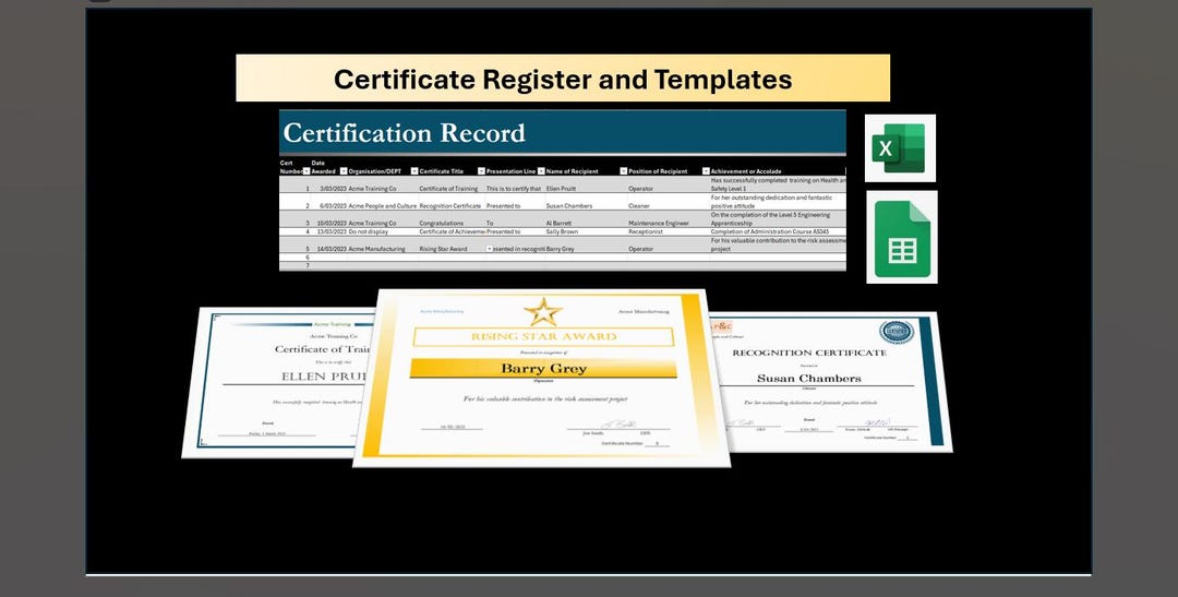 Printable Certificates in Editable Excel/google Sheets. Plus Register ...