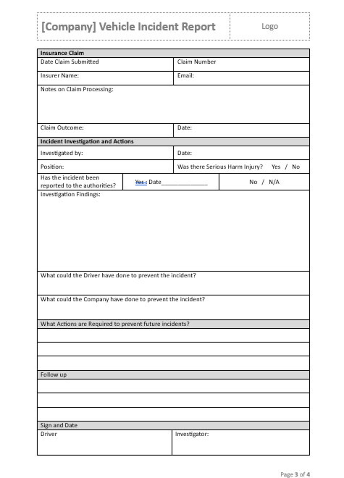 Vehicle Incident Report Form | Automobile Accident Report and ...