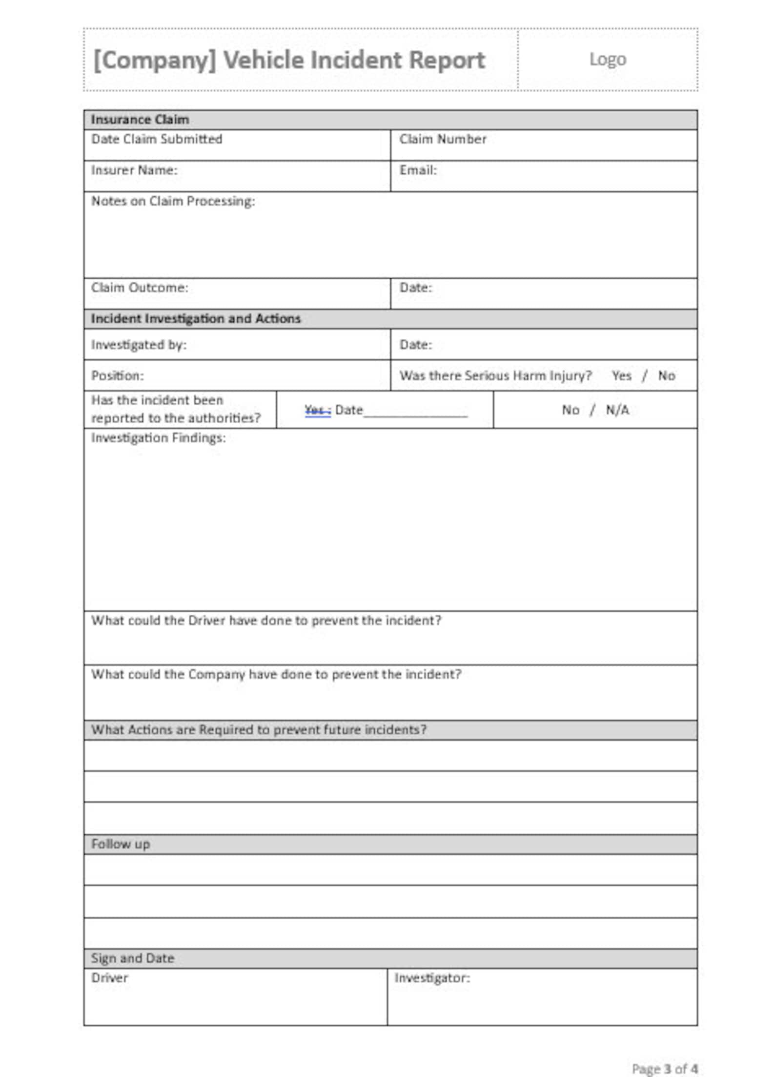 Vehicle Incident Report Form | Automobile Accident Report and ...