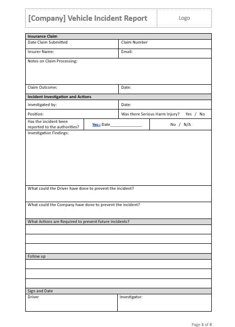 Vehicle Incident Report Form | Automobile Accident Report and ...