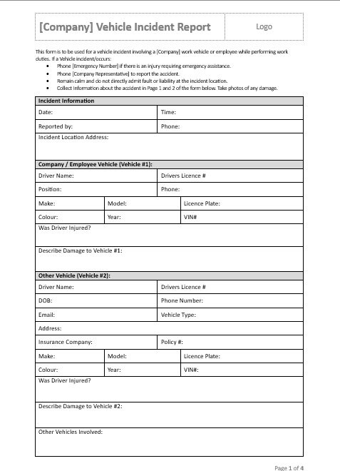 Vehicle Incident Report Form | Automobile Accident Report and ...