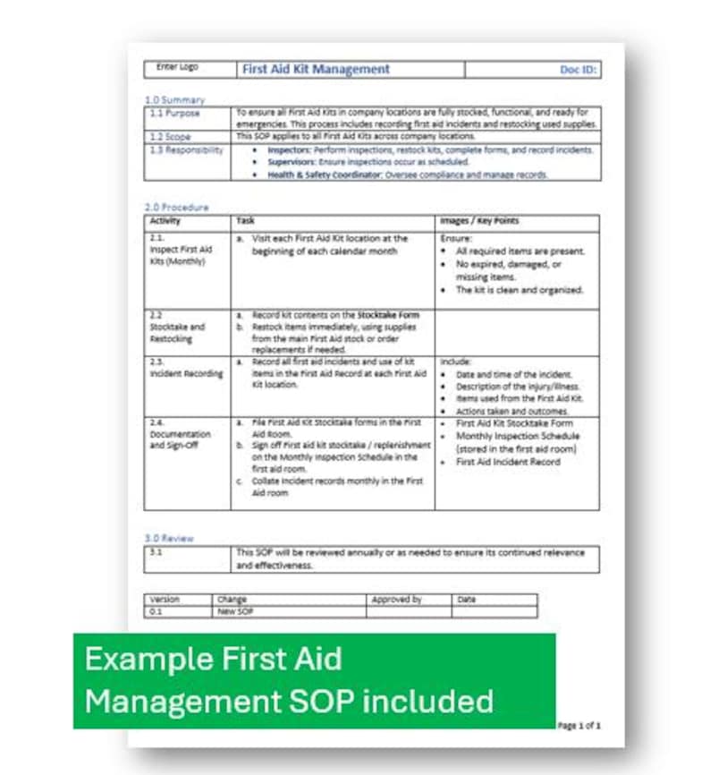 First Aid Management Forms | Example SOP | First Aid Kit Monthly ...