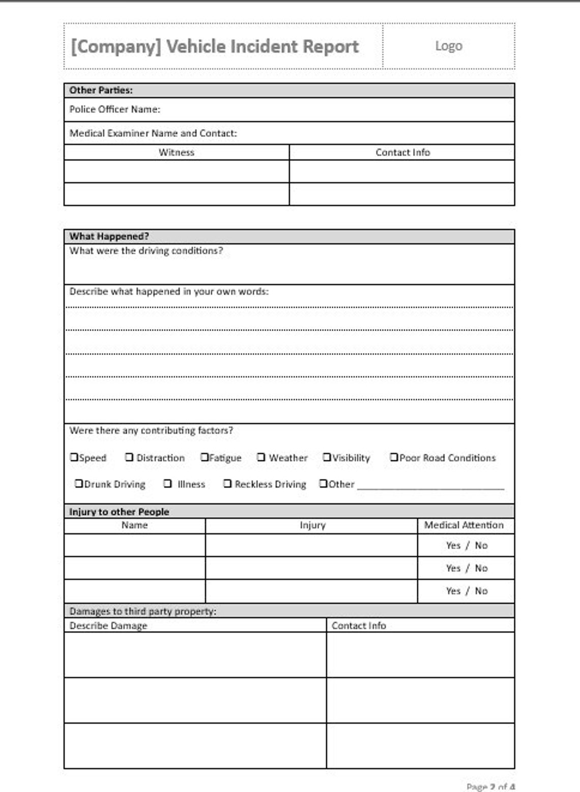 Vehicle Incident Report Form | Automobile Accident Report and ...