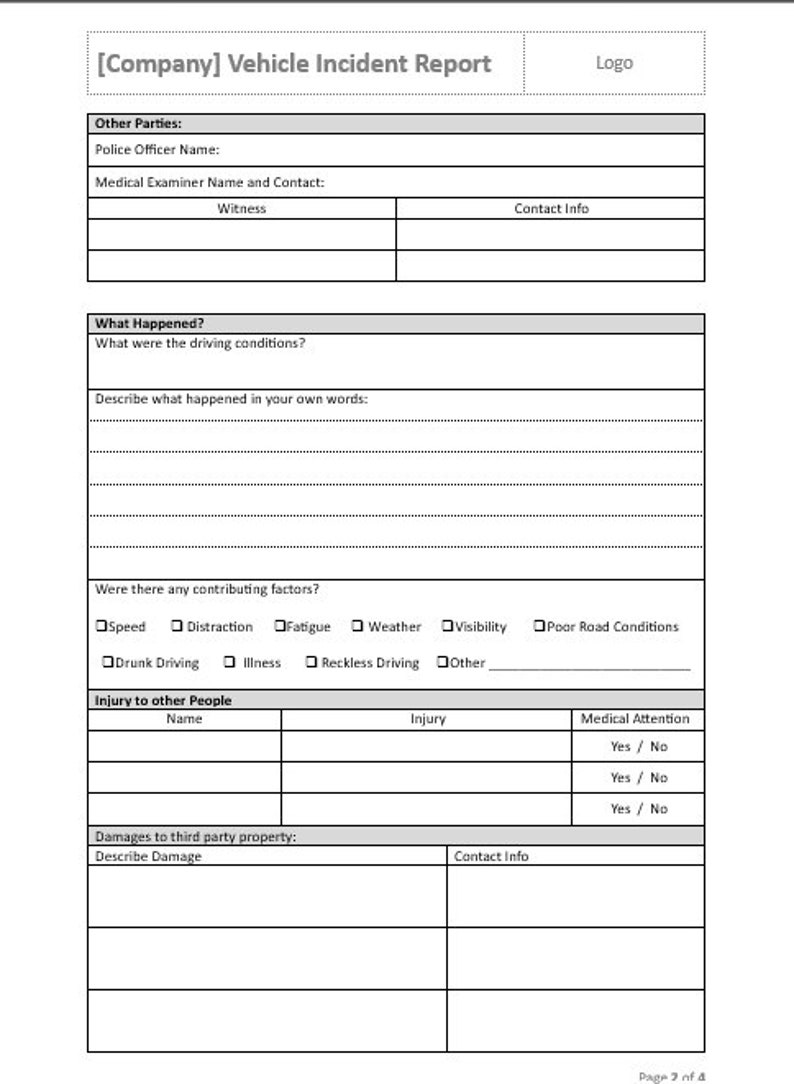 Vehicle Incident Report Form | Automobile Accident Report and ...