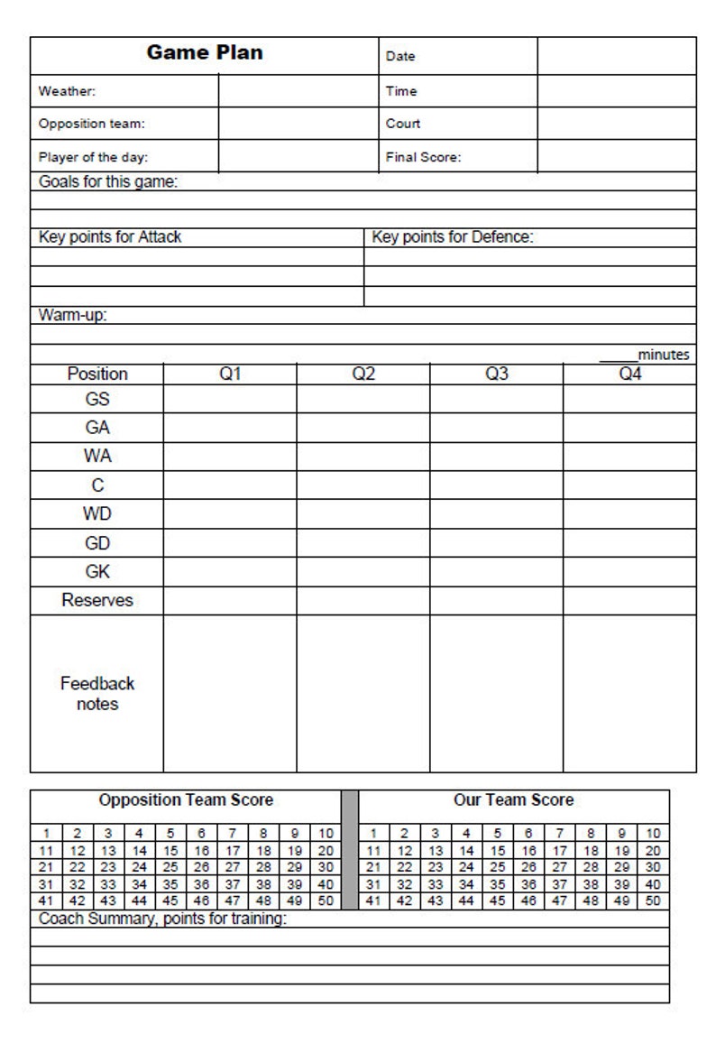 Netball Coach Book Printable Templates, Black and White, Simple Format ...