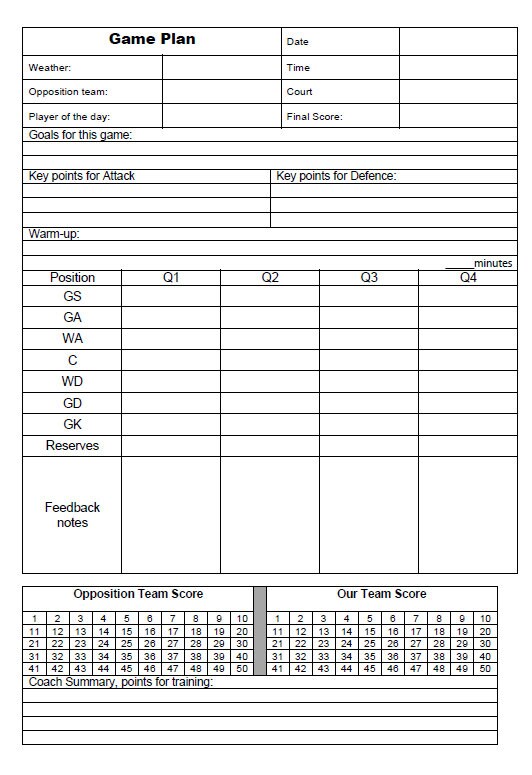 Netball Coach Book Printable Templates, Black and White, Simple Format ...