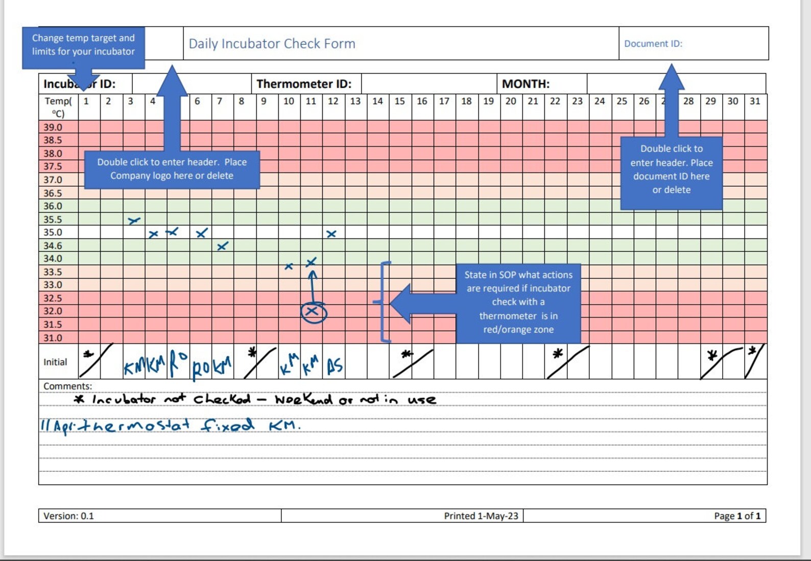 Printable Temperature Check | Daily INCUBATOR OR FRIDGE Temperature ...