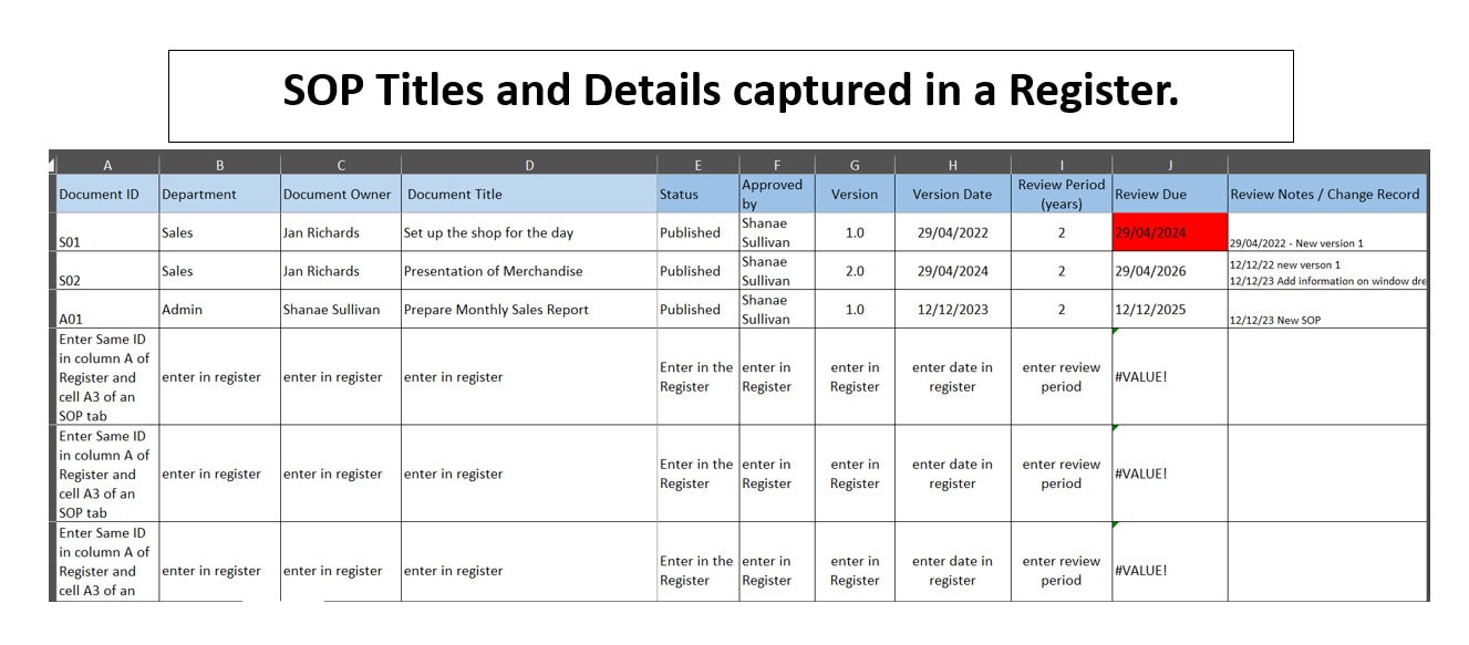 Excel SOP Template and Register for Sops | SOP Workbook With Index ...