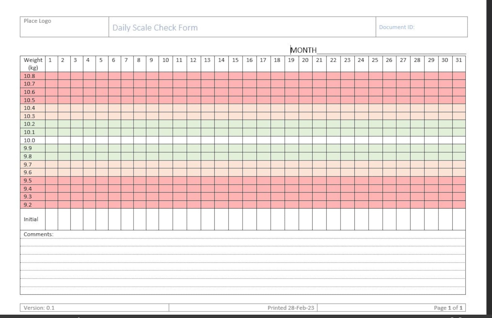 Daily Scale Weight Check Form Template in Word - Etsy