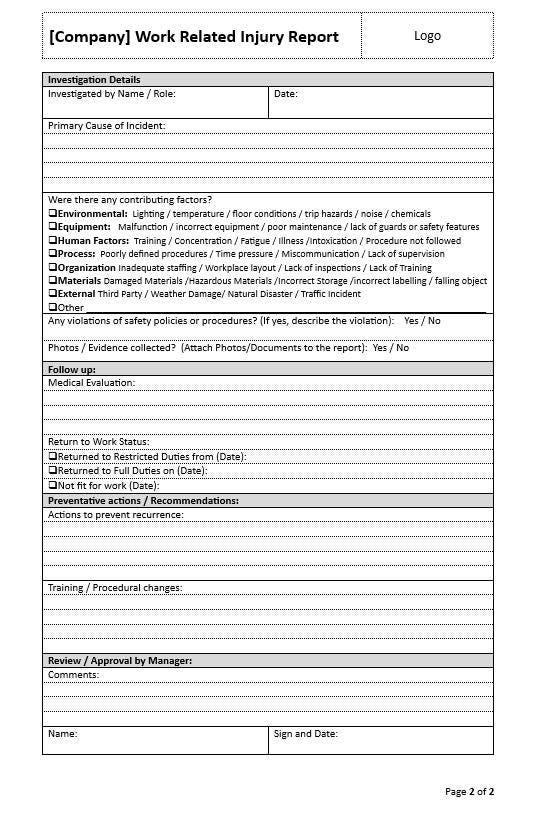 Workplace Injury Report Form | Incident Report and Investigation | Word ...