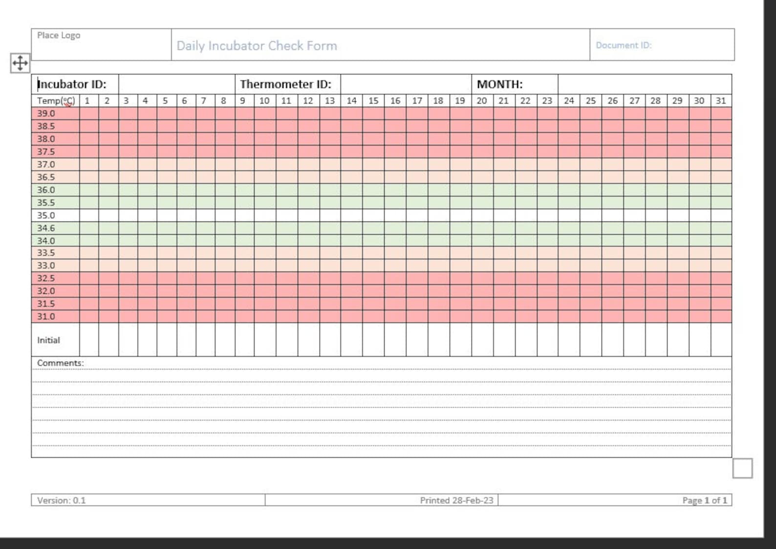 Printable Temperature Check | Daily INCUBATOR OR FRIDGE Temperature ...