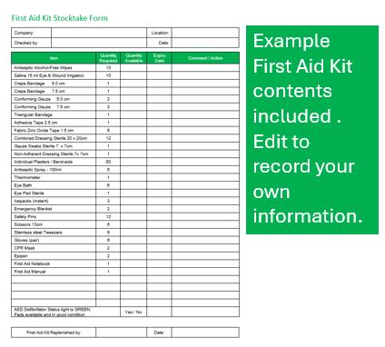 First Aid Management Forms | Example SOP | First Aid Kit Monthly ...