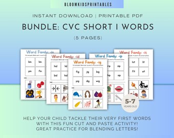 CVC Short E Words Practice, Cut and Paste Activity for Kindergarten and ...