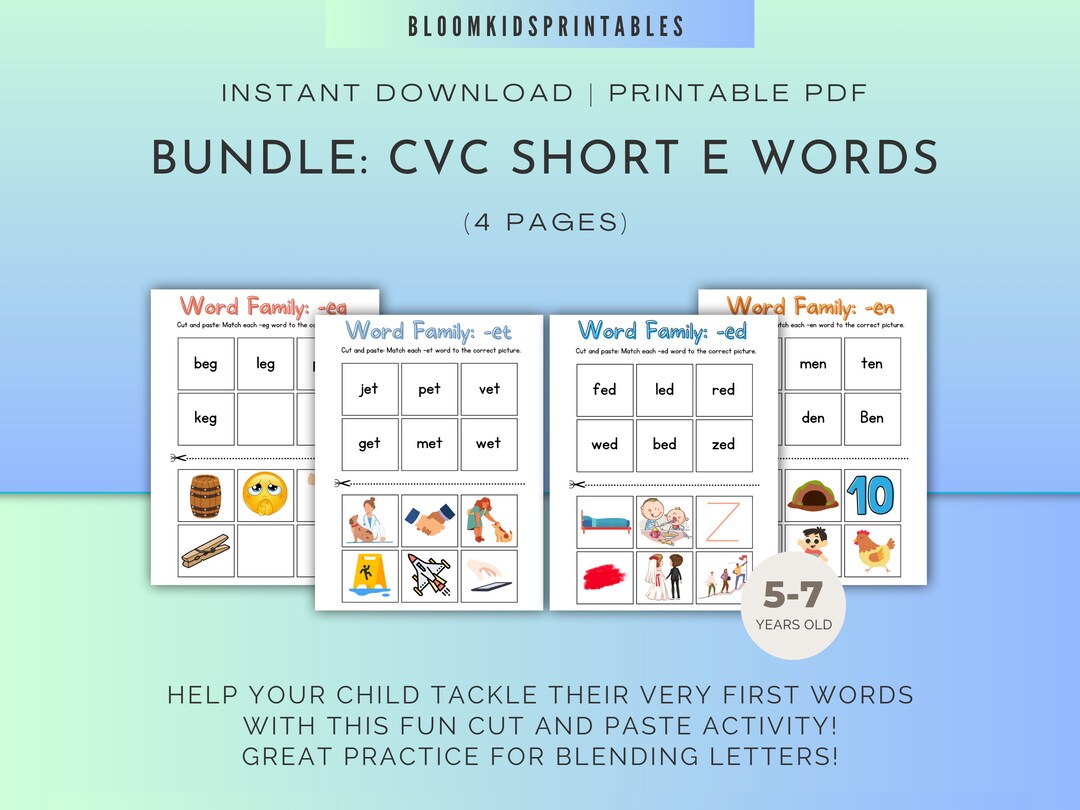 CVC Short E Words Practice Bundle, Cut and Paste Activity for ...