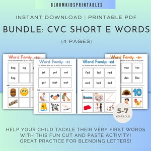 CVC Short E Words Practice Bundle, Cut and Paste Activity for ...