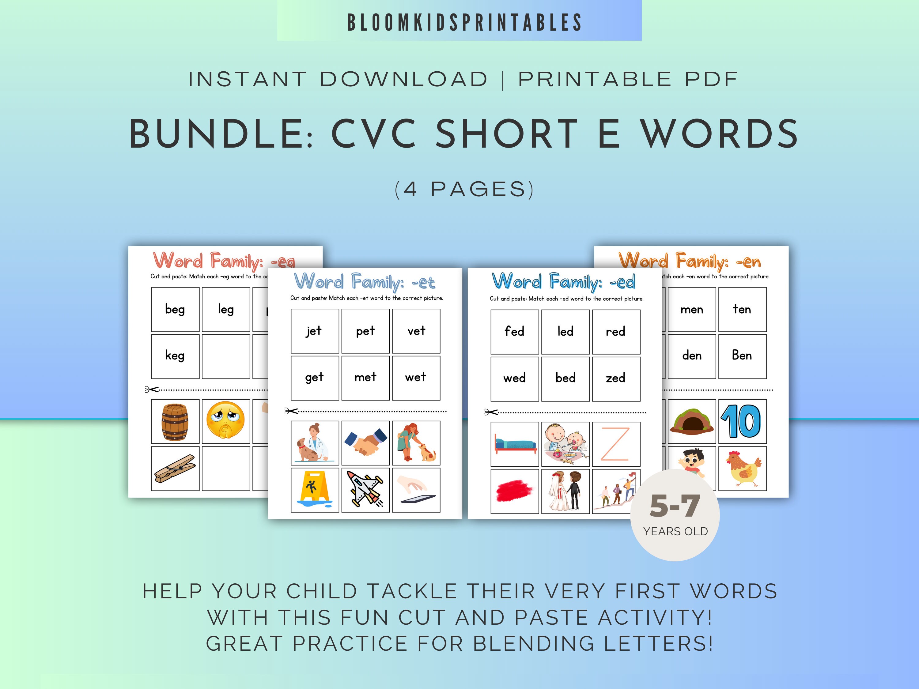 CVC Short E Words Practice Bundle, Cut and Paste Activity for ...