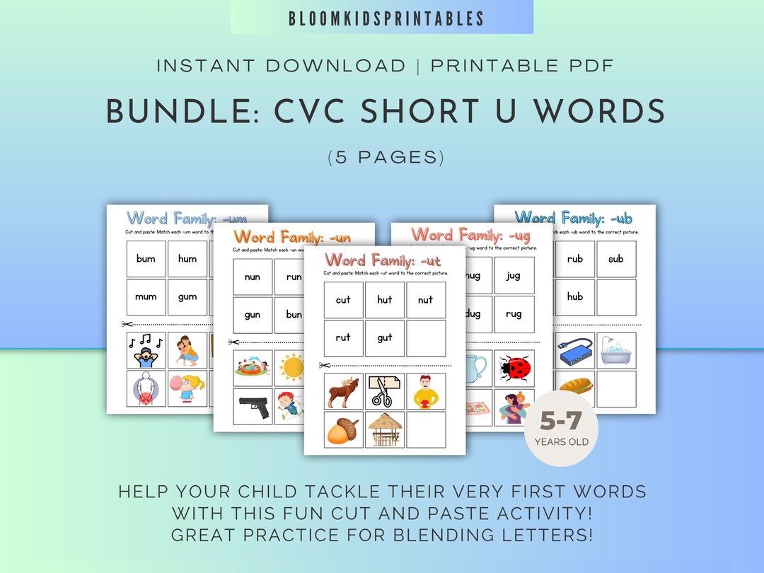 CVC Short U Words Practice Bundle, Cut and Paste Activity for ...
