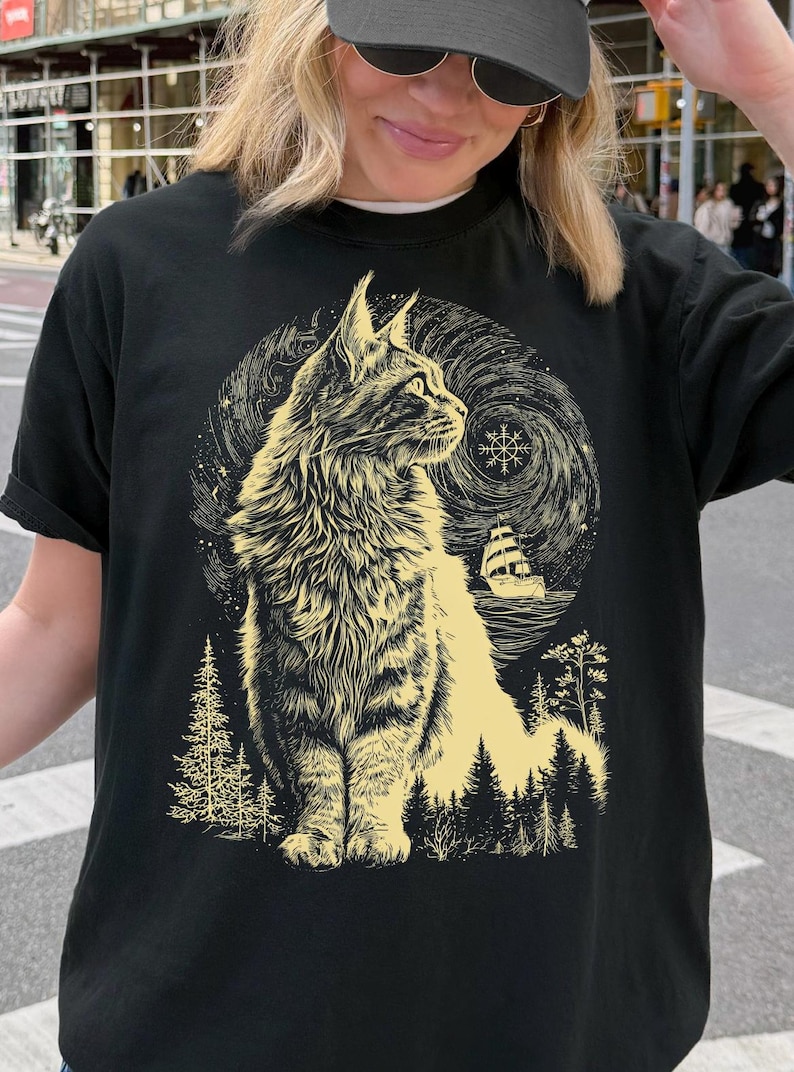 Maine Coon Cat Shirt, Viking Cat Tee, Nordic Forest Cat Graphic Tee ...