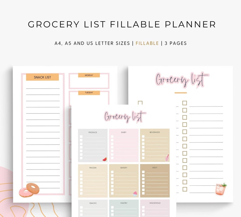 Grocery List FILLABLE Grocery List Printable Food Shopping - Etsy Australia