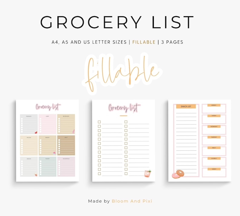 Grocery List FILLABLE Grocery List Printable Food Shopping - Etsy Australia