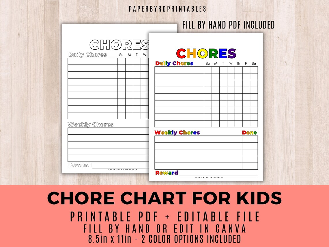 Chore Chart Template, Chore Chart Printable, Chore Chart for Kids, Kids ...