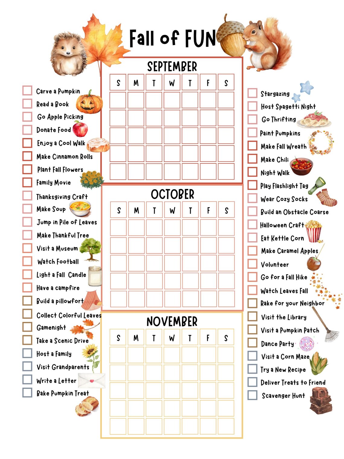 Kids Seasonal Bucket List Printable; Summer, Fall & Winter Activity ...