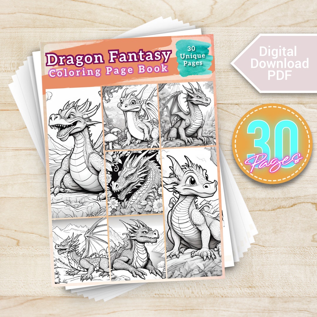 Dragon Fantasy Coloring Page Book 30 PAGES Adult Coloring Kids Coloring ...