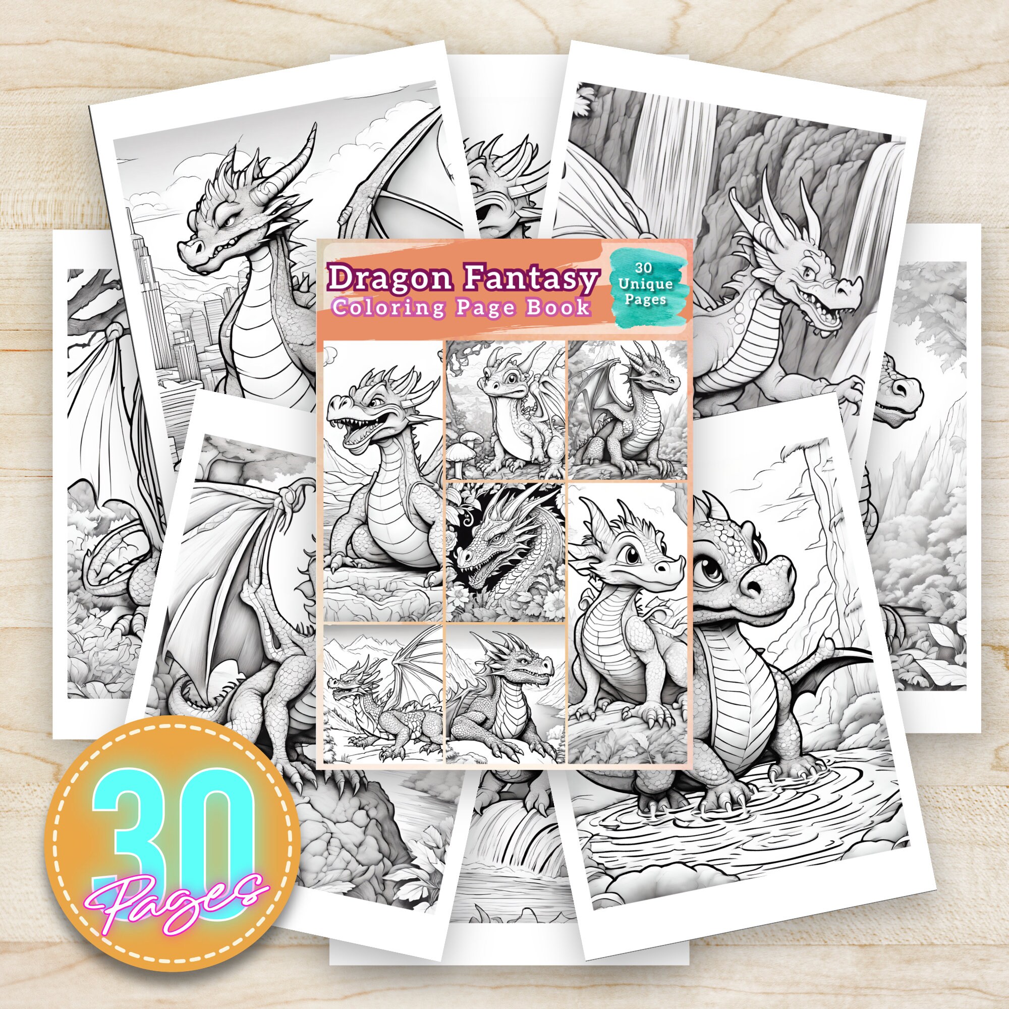 Dragon Fantasy Coloring Page Book 30 PAGES Adult Coloring Kids Coloring ...