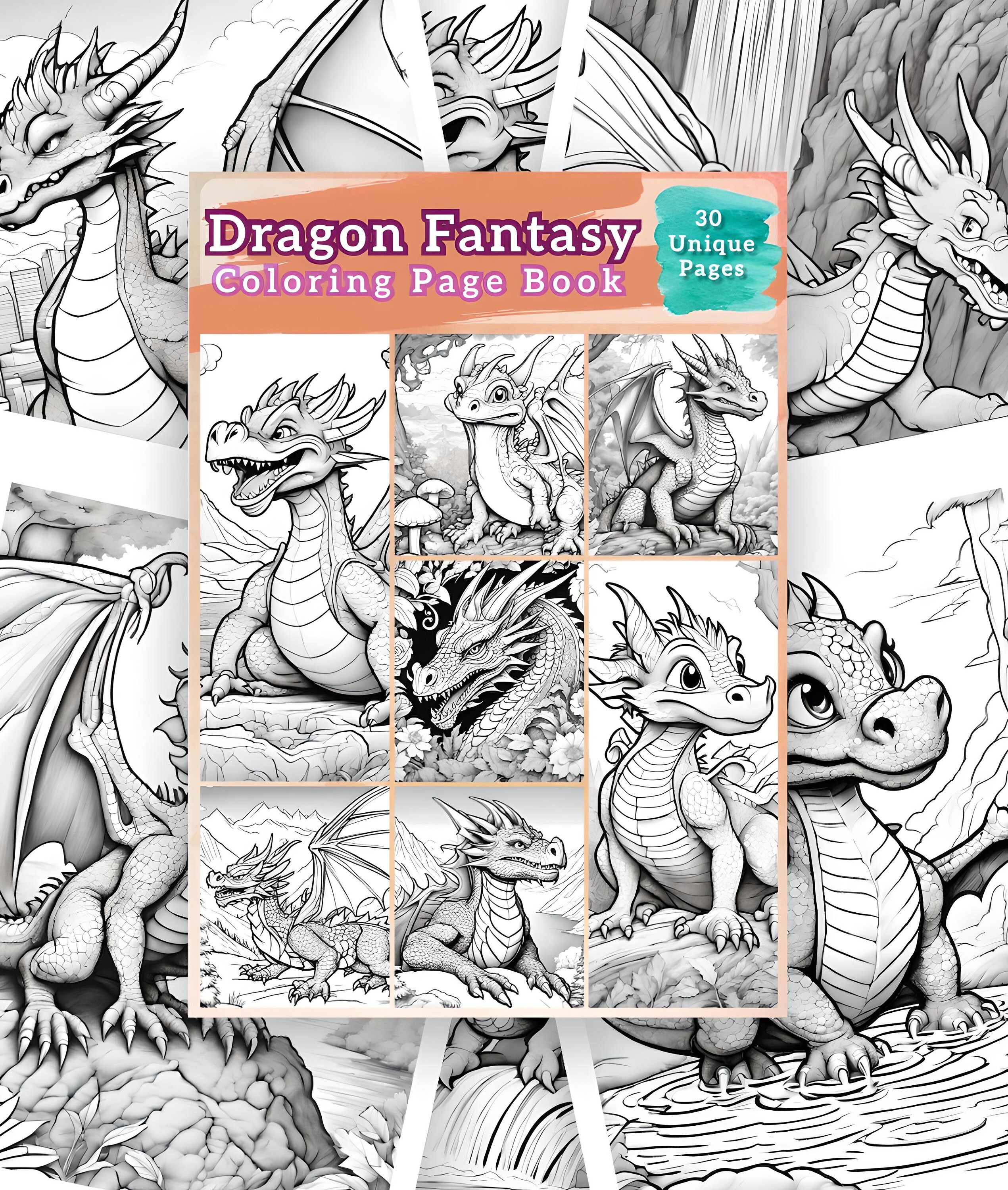 Dragon Fantasy Coloring Page Book 30 PAGES Adult Coloring Kids Coloring ...