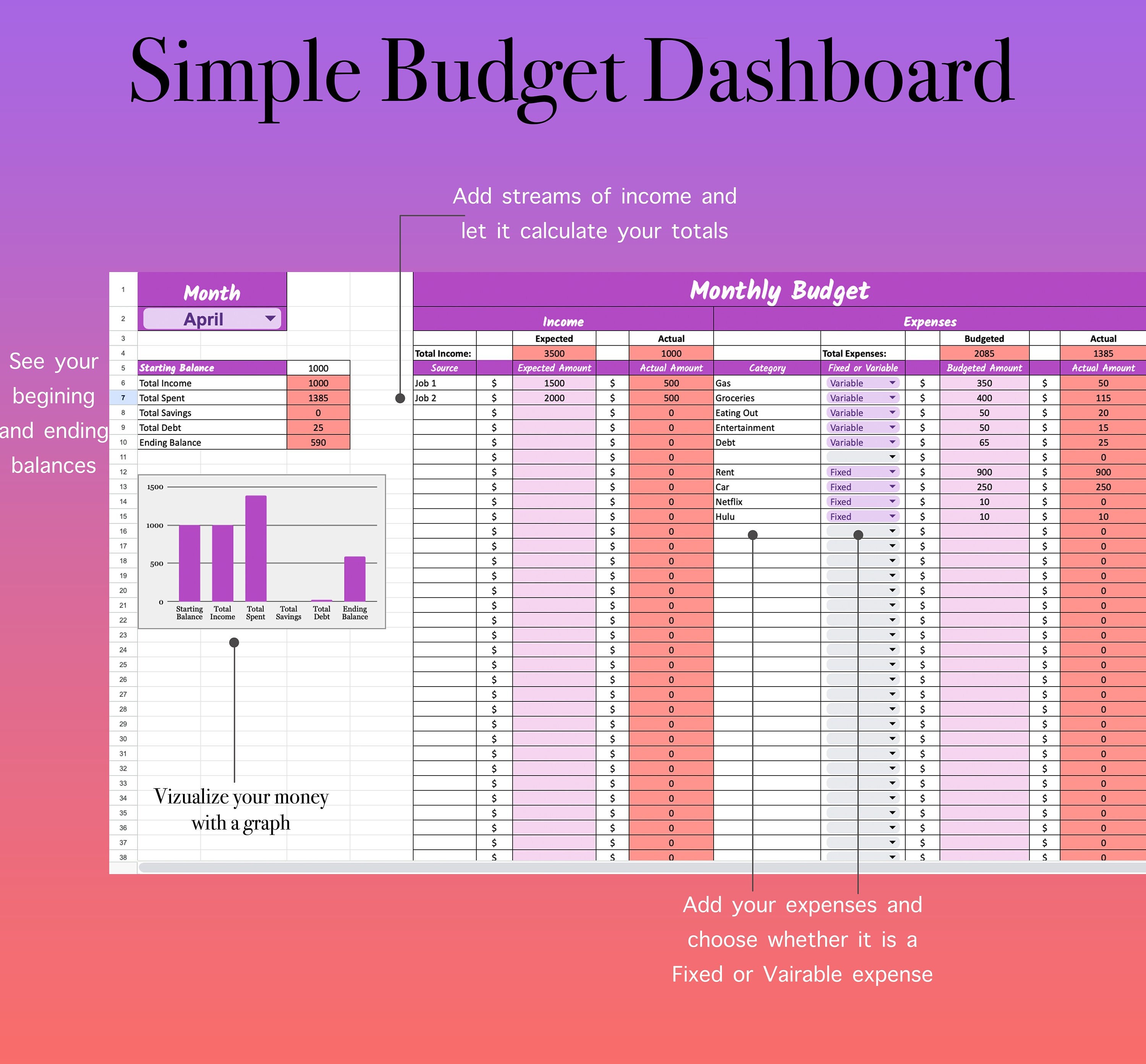 Simple Monthly Budget Simple Budget Digital Budget Family Budget Excel ...