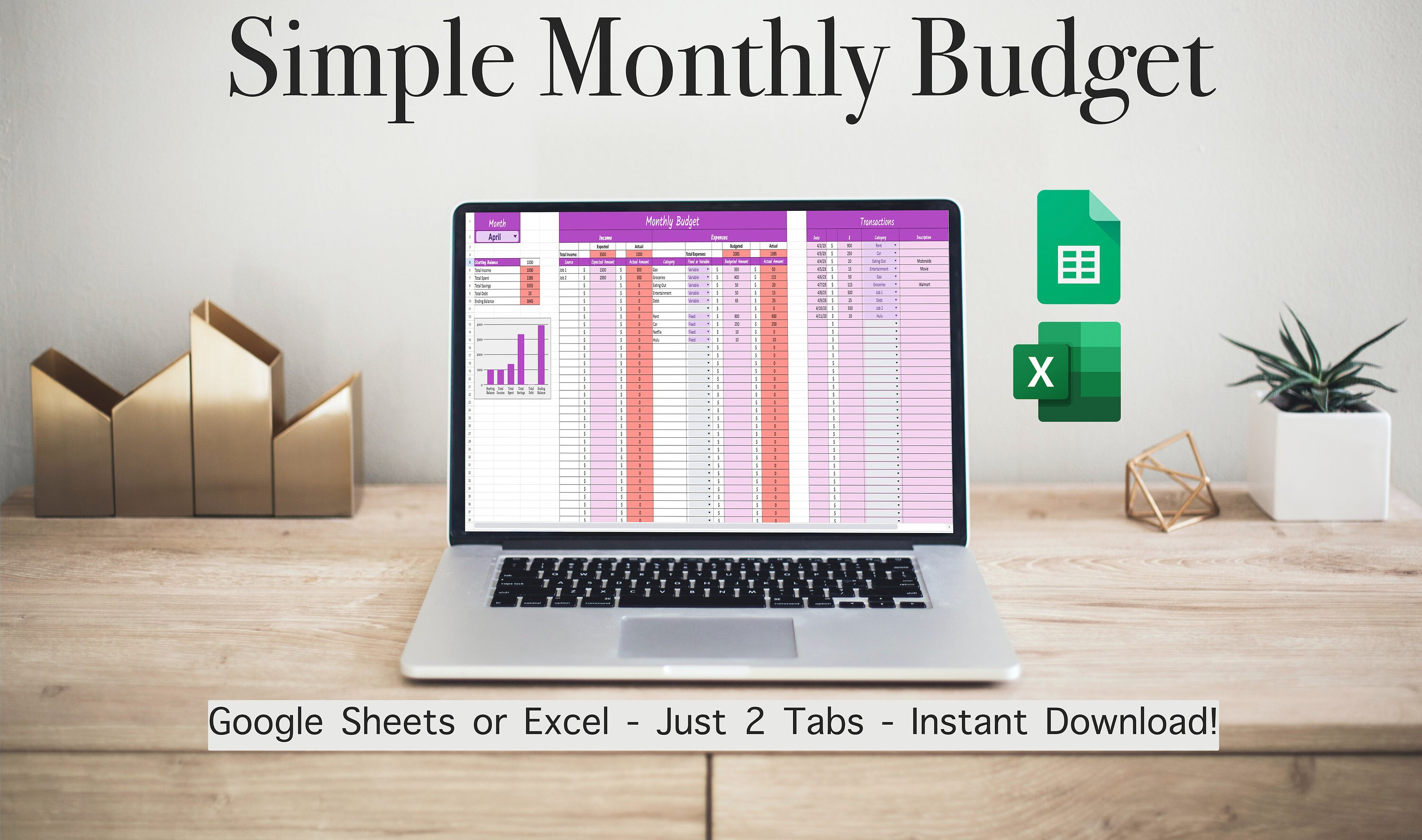 Simple Monthly Budget Simple Budget Digital Budget Family Budget Excel ...
