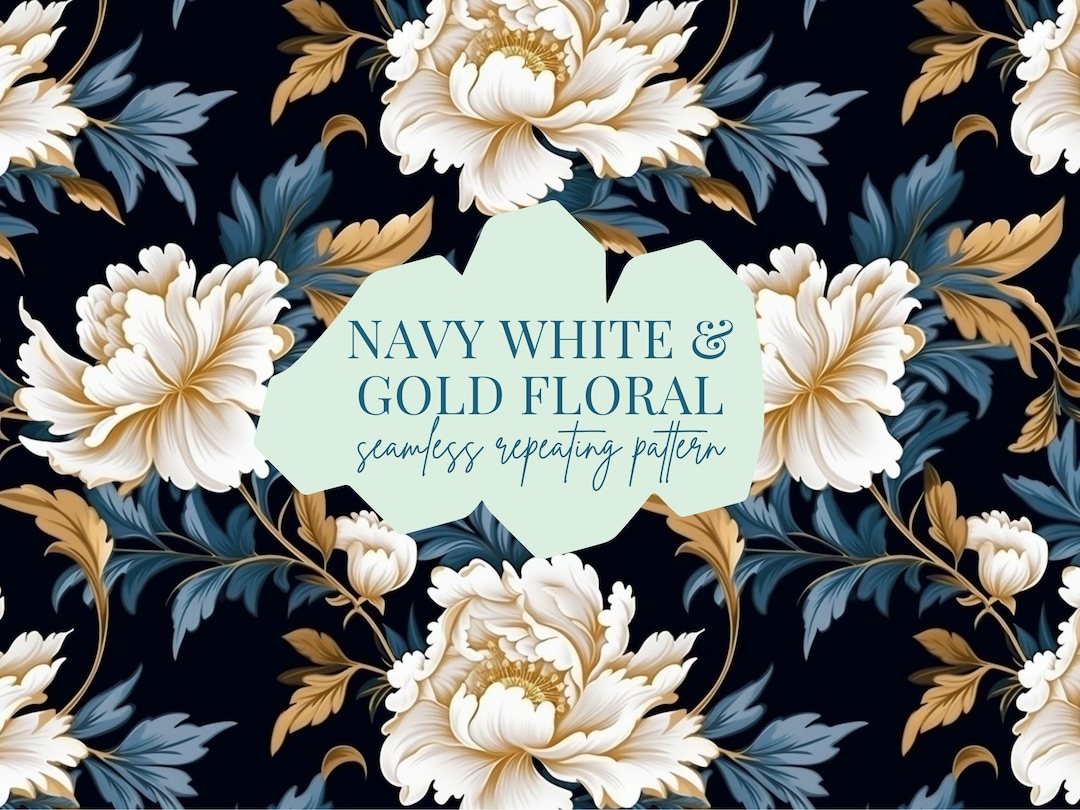 Navy White & Gold Floral Repeatable Seamless Pattern, Digital Paper ...