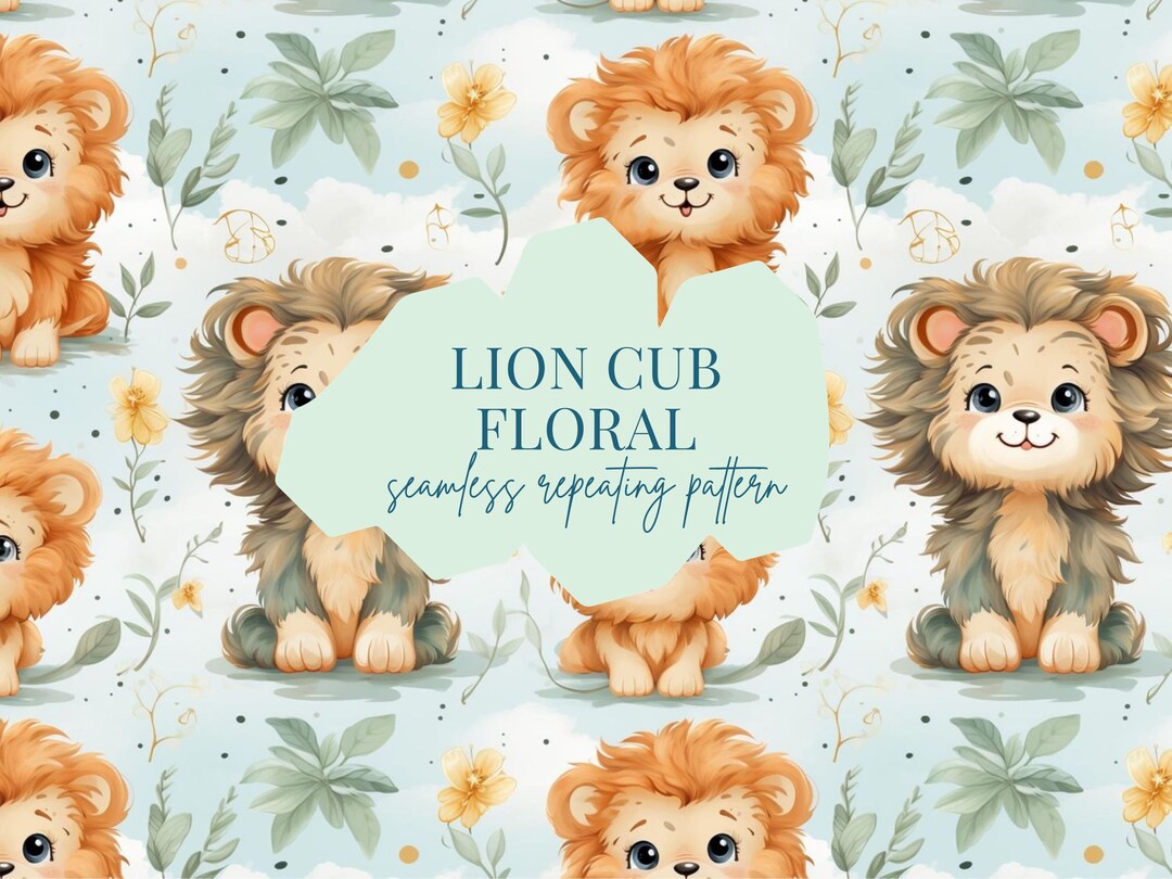 Lion Cub Floral Commercial Use Digital Paper for Fabric - Etsy