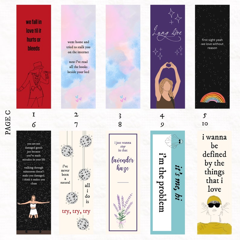 10 Digital Taylor Swift Themed Bookmarks High-quality Images Digital ...