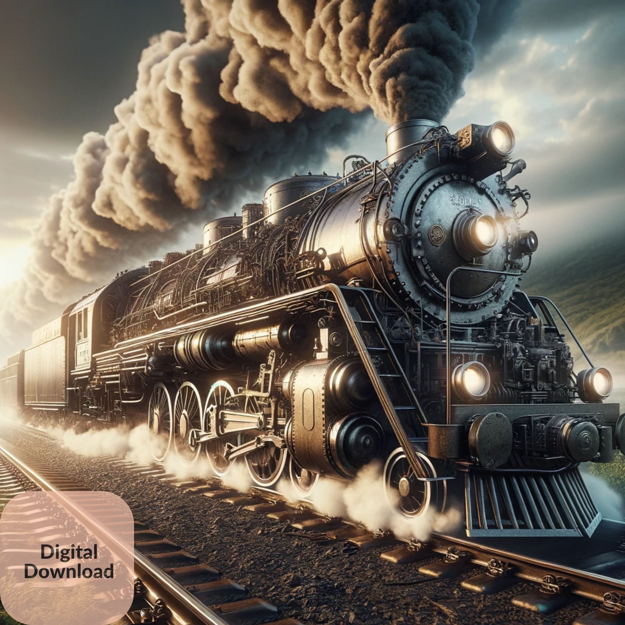 Printable Steam Train, Landscape Art, Printable, Digital Download, Retro Wall Art, Locomotive ...