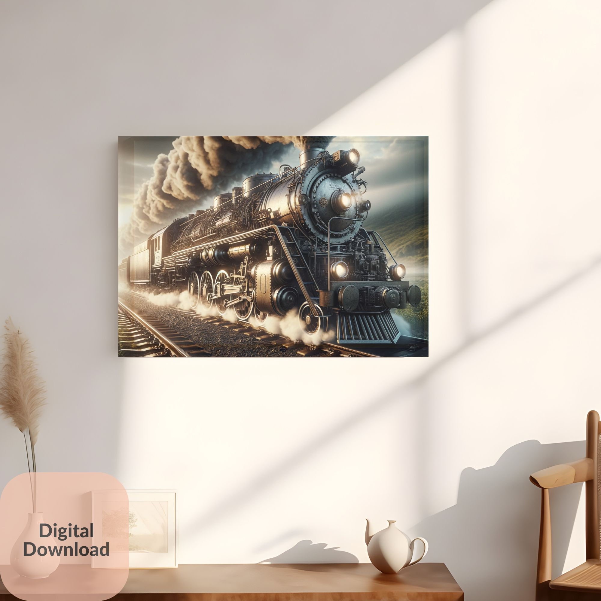 Printable Steam Train, Landscape Art, Printable, Digital Download, Retro Wall Art, Locomotive ...