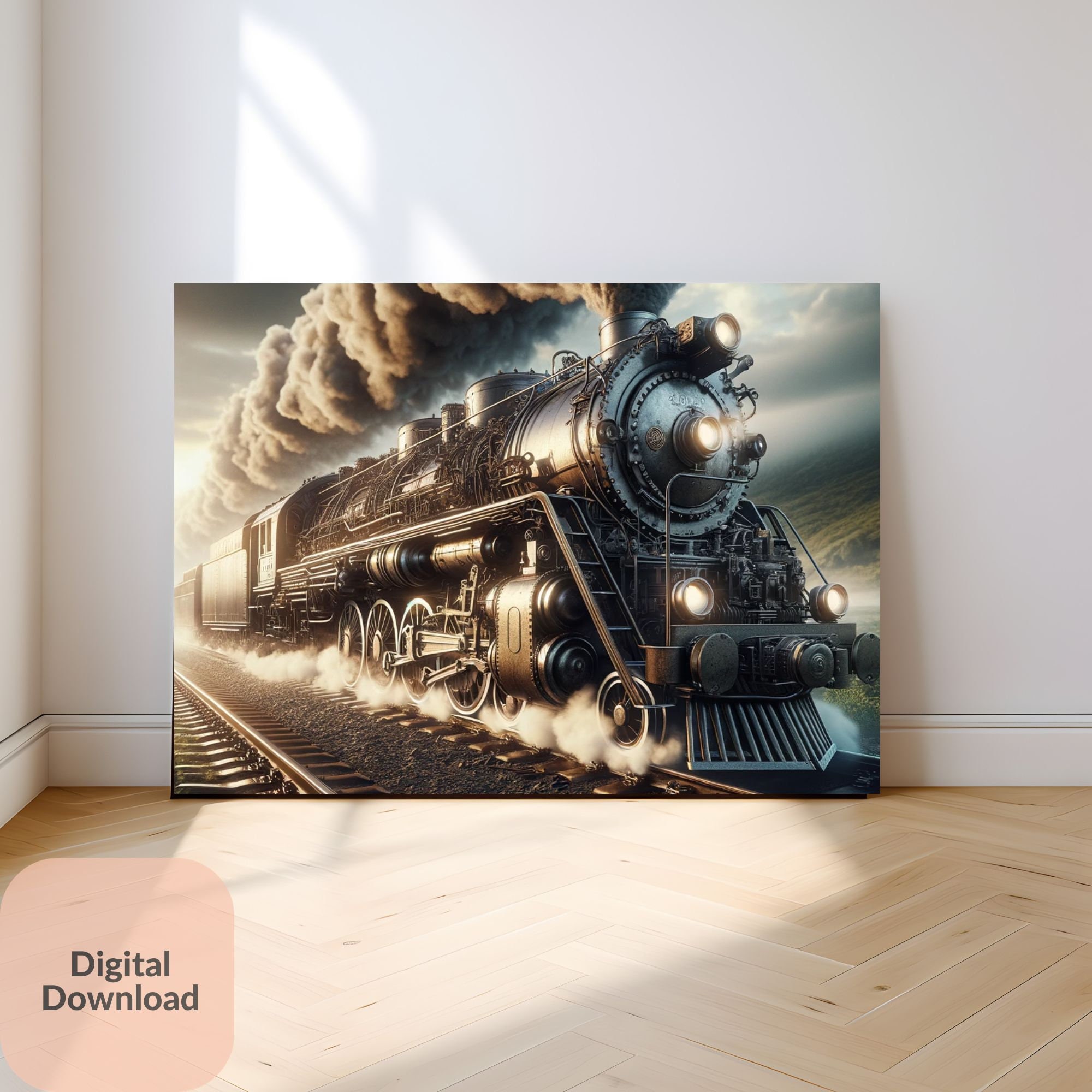 Printable Steam Train, Landscape Art, Printable, Digital Download, Retro Wall Art, Locomotive ...