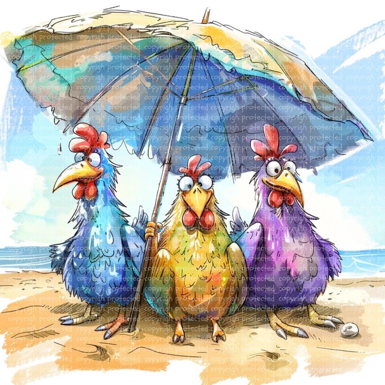 Funny Chickens on the Beach Clipart Set - 15 Jpgs Whimsical Summer ...