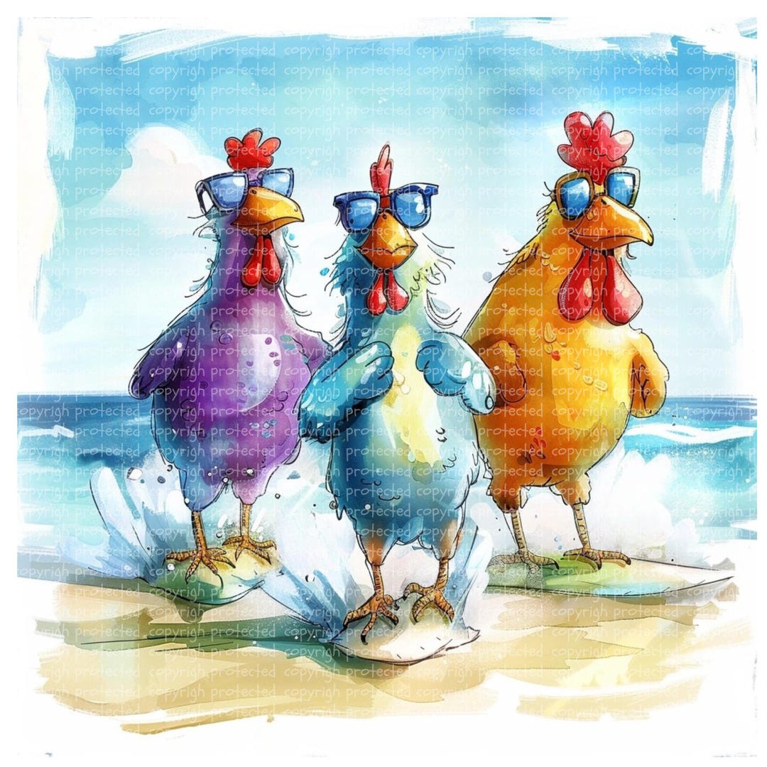 Funny Chickens on the Beach Clipart Set - 15 Jpgs Whimsical Summer ...