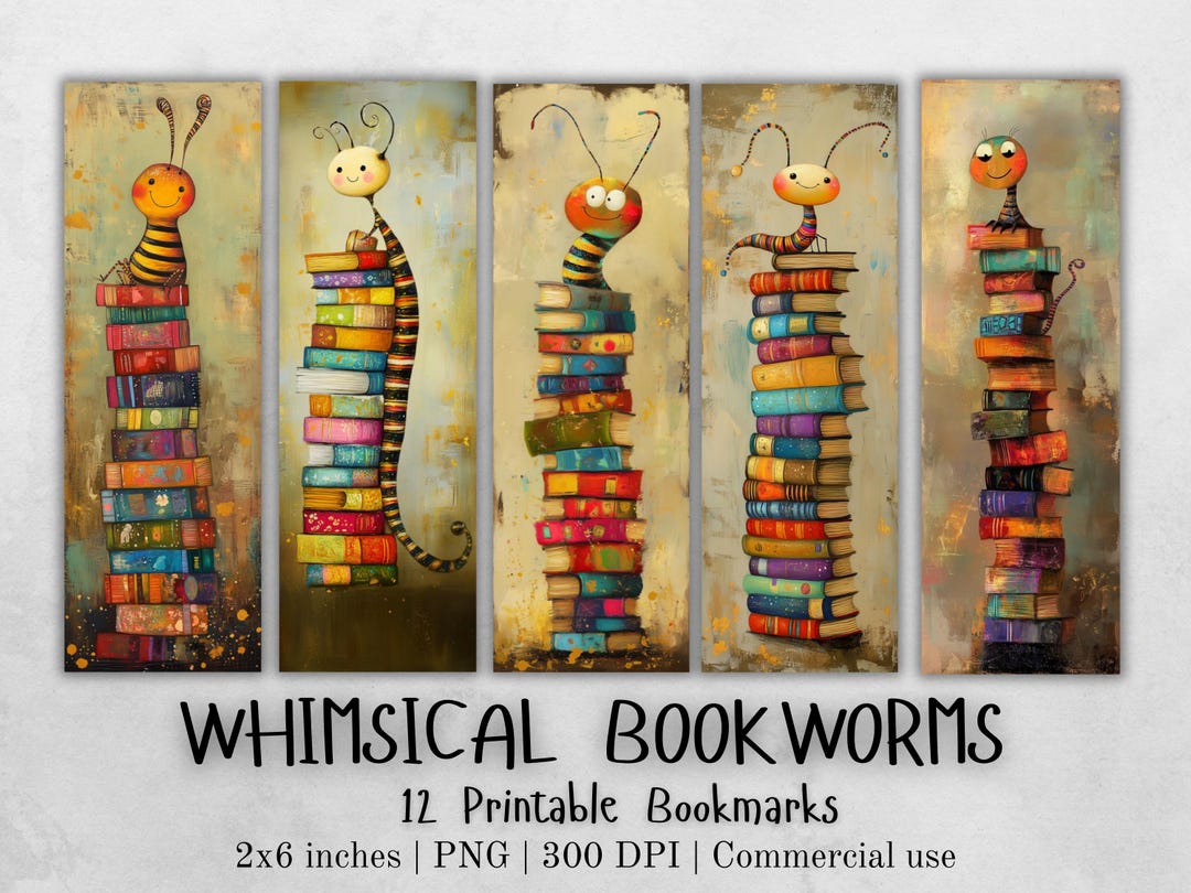 12 Whimsical Bookworms Printable Bookmarks, Digital Download PNG ...