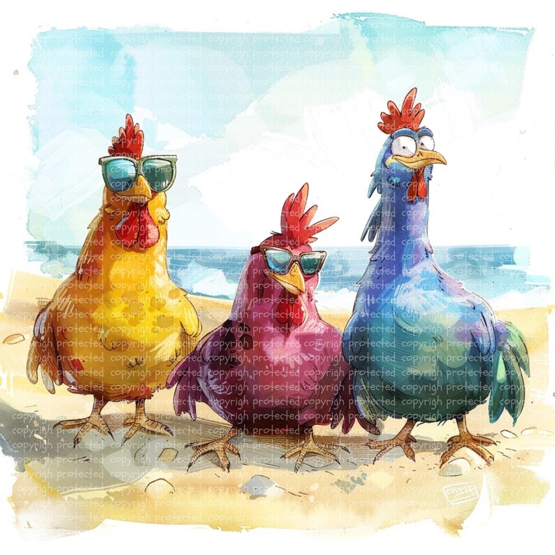 Funny Chickens on the Beach Clipart Set - 15 Jpgs Whimsical Summer ...